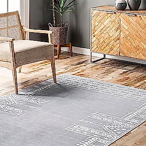 nuLOOM Joelle Machine Washable Tribal Geometric Border Ultra Thin Area Rug, 8' x 10', Light Grey