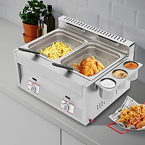 PANEKOLO 10L Commercial Deep Fryer with 2 Baskets and Lid, Countertop Commercial Dual Tank Kitchen Fat Fryer