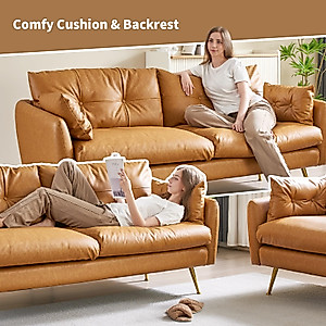 82" Faux Leather Couch, Mid Century Upholstered 3 Seater Sofa Comfy Couch for Living Room Bedroom, Luxury Tan Brown Leather Couch with Solid Wood Frame and Metal Legs | Filled with Down and Cotton