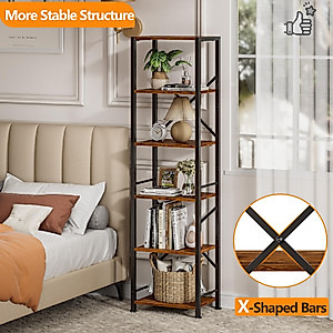 Furologee 6 Tier Tall Bookshelf, Industrial Narrow Bookcase, Display Standing Shelf Units, Metal and Wood Storage Rack Organizer for Living Room, Home Office, Entryway, Kitchen, Rustic Brown