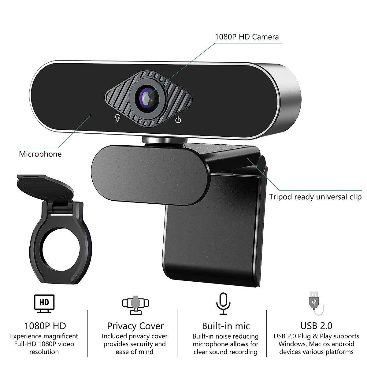 Wennyn Webcam 1080P HD with Microphone & Privacy Cover, USB Web Cam with Live Streaming HD Video for Mac, PC, Computer and Laptop, Wide Angle Lens 1080P Web Camera with 360 Degree Flexible Mount