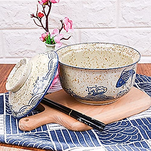 Whitenesser Ramen Bowl with Lid, Japanese Style 25.4 OZ Big Ceramic Bowl with Lid and for Soup Rice Noodle and Porridge, Microwave Oven Safety