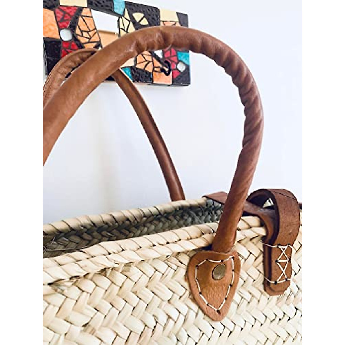 Palm Leaf Taza Backpack , Straw Bag Made, Shopping and Picnic Baskets, Traditional Moroccan Bag, Leather Made Bags, Handcrafted Bag, Beach Bag. (Brown)
