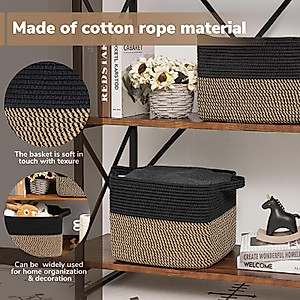 Goodpick Black Woven Rope Basket Set of 3, Shelf Storage Baskets for Books, Towels, clothes, Rectangle Decorative Basket for Living Room, Bedroom, Toy Bin for Nursery
