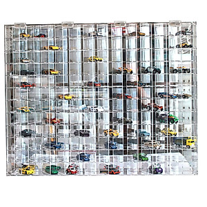 DisplayGifts Clear Acrylic Display Case for 1:64 Scale Hot Toy Cars Wheels Model Cars Display with 144 Compartments in 45 Degree Angle, Clear, UV Protect 22.5 X 30.4 X 3 Inches, Wall Mounted Storage