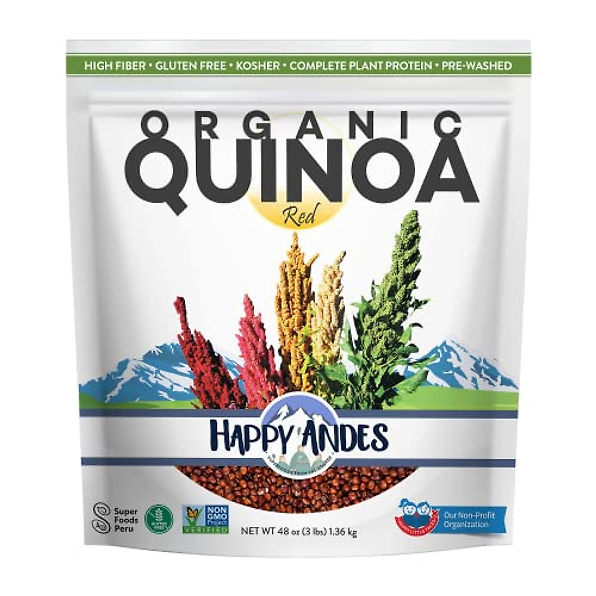 Happy Andes Red Organic Quinoa 3 lbs -Non-GMO,100% Peruvian, Superior taste,Gluten-free,rice replacement, Pre-washed, whole grain, USDA-certified, Complete Plant Protein, superfoods Peru, high in fiber&iron, kosher.