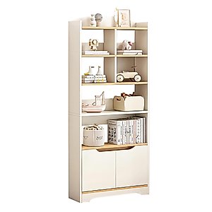IOTXY Wooden Shelf Bookcase with Doors - 5-Tier Bookshelf with Storage Cabinet, Free Standing Display Rack, for Home Office, Living Room, Bedroom, White