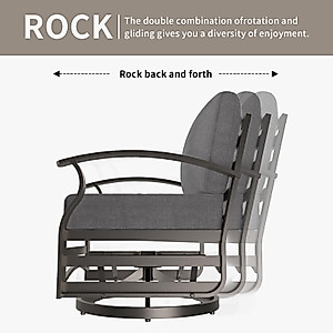 Gotland 5 Piece Patio Outdoor Aluminum Metal Swivel Rocking Chair with 2 Footstools, 1 Coffee Table and 2 Grey Padded Cushions Outdoor Metal Swivel Rocking Chair Furniture Conversation Set for Garden