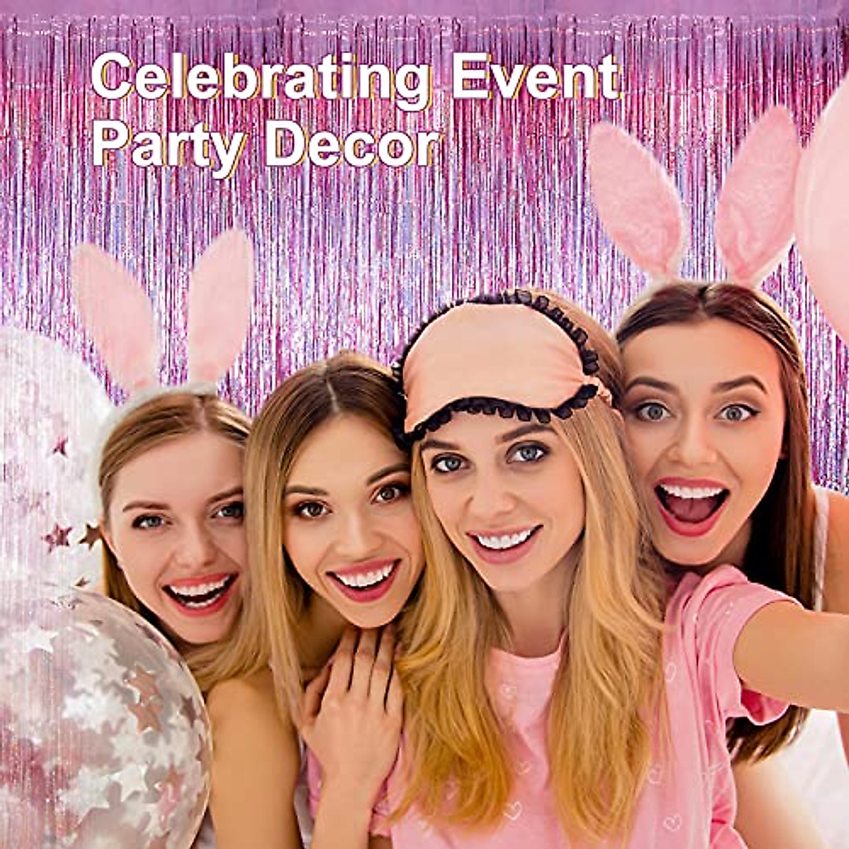 4 Pieces Foil Fringe Curtains Party Decorations Metallic Tinsel Curtain Glitter Foil Valentines Day Party Streamer 3.2 x 8.2 Feet Foil Photo Booth Backdrop for Birthday Baby Shower Holiday (Pink)