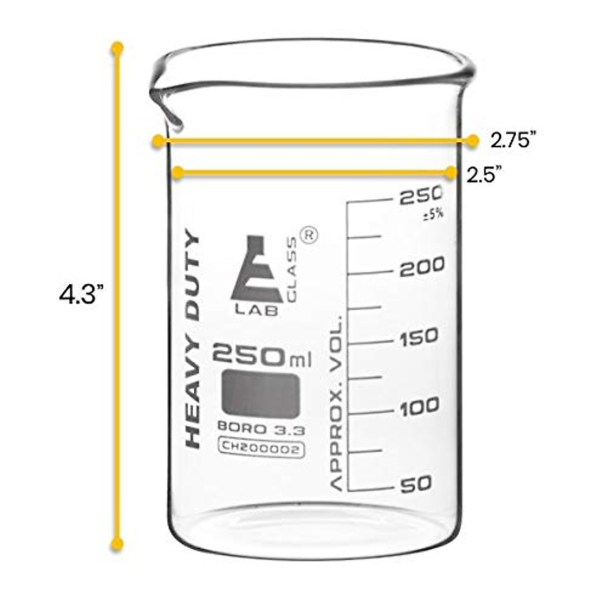 EISCO 12PK Heavy Duty Beakers, 250ml - 5mm Thick, Uniform Walls - Superior Durability & Chemical Resistance - White Graduations - Borosilicate 3.3 Glass