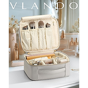 Vlando Travel Makeup Cosmetic Case Organizer Portable Storage Bag with Adjustable Dividers for Cosmetics Makeup brushes, girls, women, friends.（gray）