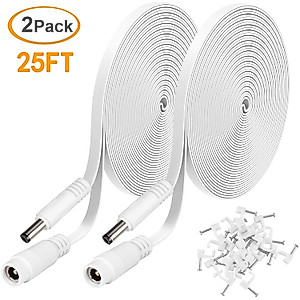 2 Pack DC Power Extension Cable 25ft 2.1mm x 5.5mm Compatible with 12V DC Adapter Cord for CCTV IP Camera, LED, Car, White
