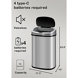 Trash Can, Motion Sensor Garbage Can 13 Gallon, Touchless Kitchen Trash Cans with Lid, Stainless Steel Sensor Garbage Cans for Kitchen, Automatic Small Trash Can for Bathroom Bedroom Home, Sliver