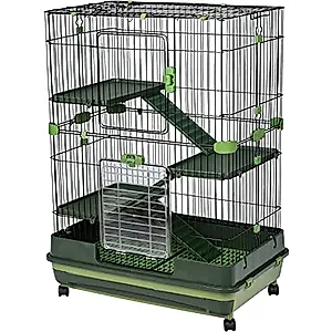 Origeture 4-Level 32" Metal Small Animal Cage Height Adjustable Rabbit Chinchilla Ferret Bunny Cage with Lockable Casters Grilles Slide-Out Tray for Guinea Pig Squirrel Hedgehog (Green)