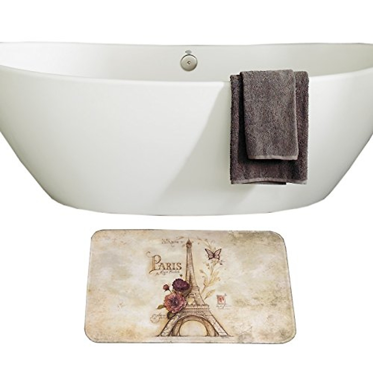 Amagical 3 Piece Vintage Paris Brown Eiffel Tower Bathroom Shower Curtain Set Bathroom Mat Set Purple Flower Butterfly Bath Mat Contour Mat and Shower Curtain with 12 Hooks