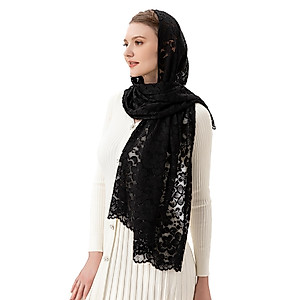 PAMOR Women Rectangular Chapel Veil Scarf Catholic Church Veils Mantilla Wrap Shawl Mass Head Covering (Black)