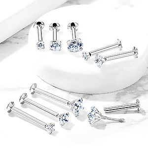 Dynamique Push In Prong Set CZ Top 316L Surgical Steel Threadless Labret, Monroe, Flat Back Stud (Sold Per Piece)