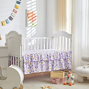 3 Pieces Crib Bedding Set Baby Ruffle Quilted Comforter with Fitted Sheet and Bed Skirt - Cute Ruffled Shabby Chic Baby Bedding Soft Blanket Design Purple with White Floral