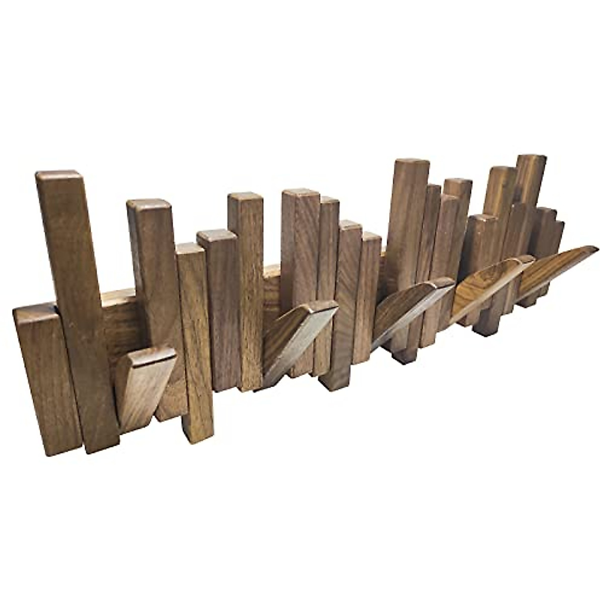 DESAINOPH® Wooden Coat Rack Wall Mounted Sticks Multi Rack Solid Handmade Natural Walnut Wood Artwork with 5 Flip-Down Unique Modern Hooks for Coats Bag Hat Umbrella