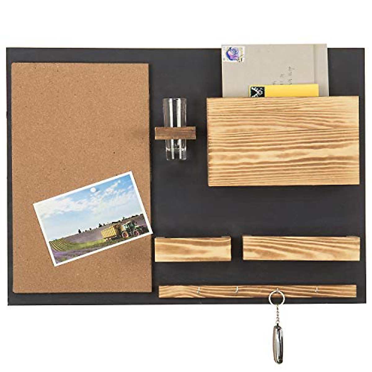 MyGift Wall Mounted Family Command Center Organization with Cork Bulletin Board, Mail Holder, Key Hooks and Flower Vase