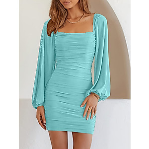 ANRABESS Women Long Sleeve Square Neck Mesh Ruched Bodycon Mini Dress Party Club Cocktail Formal Wedding Guest Short Dresses Blue Large
