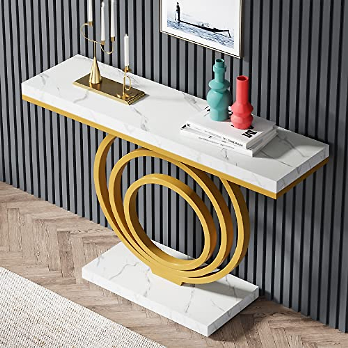 Tribesigns 41-Inch Gold Entryway Table, Modern Console Table Narrow Long, Contemporary Accent Table for Living Room, Hallway, Entrance, Faux Marble Veener Top