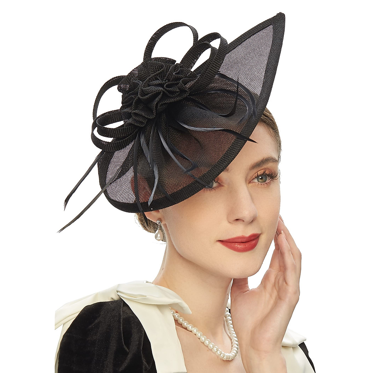 Pillbox Hats 20s 50s Vintage Fascinators for Women with Feather Mesh Veil Headband Bridal Wedding Tea Party (F-Black)