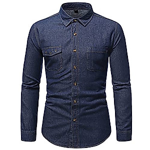 Mens Denim Shirts Vintage Long Sleeve Soft Cotton Pocket Button Up Jeans Shirt Streetwear C214-Light Blue 3XL