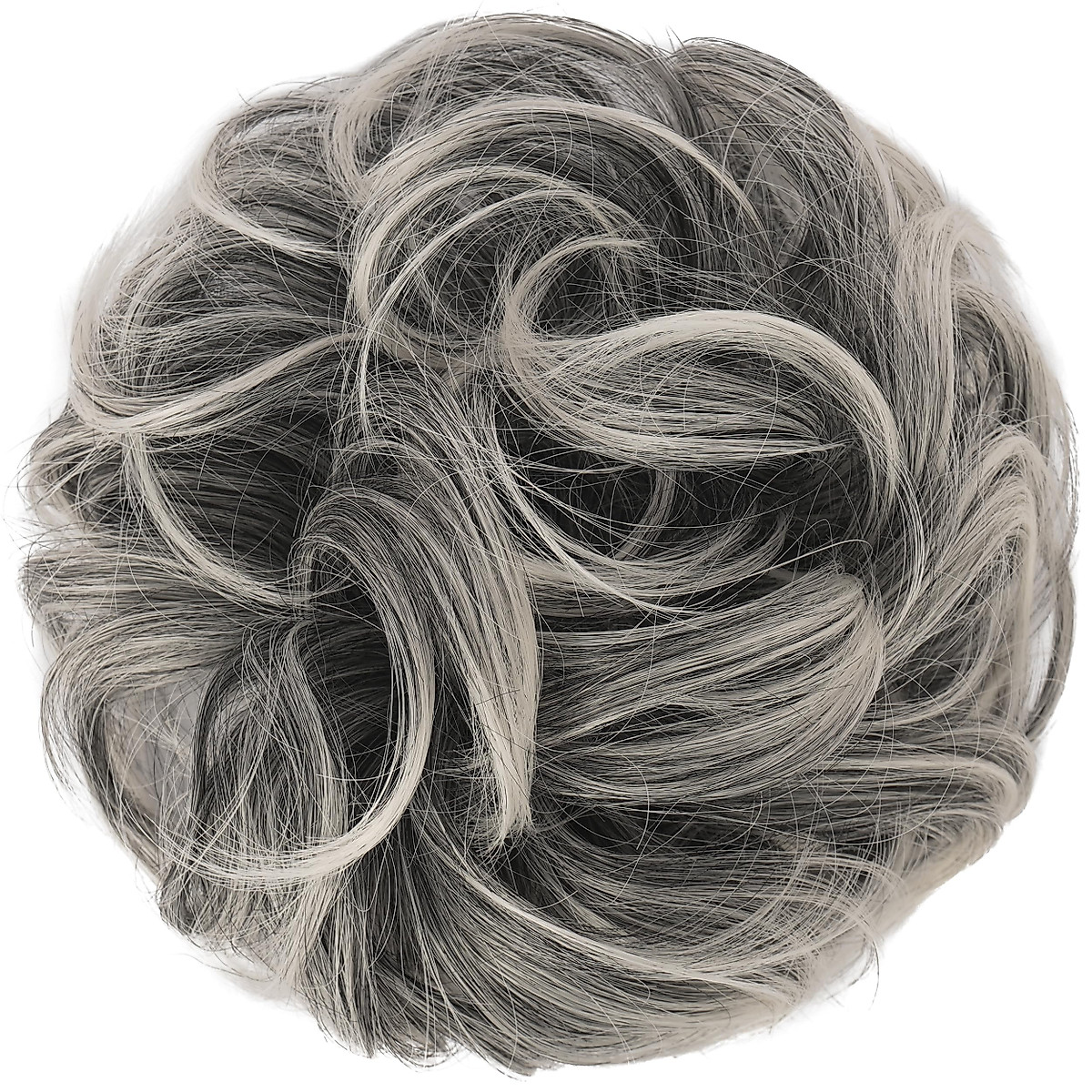 FESHFEN Messy Bun Hair Piece - Elastic Wavy Curly Hair Bun Scrunchies Extensions Synthetic Chignon Hairpieces for Women Girls, Gray and White Tips 1 PCS