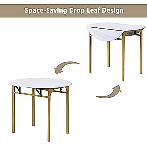 P PURLOVE 3 Piece Round Kitchen Table Set Wood Dining Table Set with Drop Leaf Table and 2 Chairs for Small Places, Apartment(Golden Frame+Faux White Granite Finish)