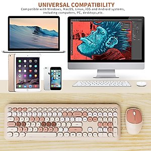 Wireless Keyboard and Mouse Combo, Colorful Ergonomic Full Size Retro Low-Noise Keyboard with Cute keycaps, Compatible with Windows, PC, Perfer for Home and Office Keyboards (Brown)