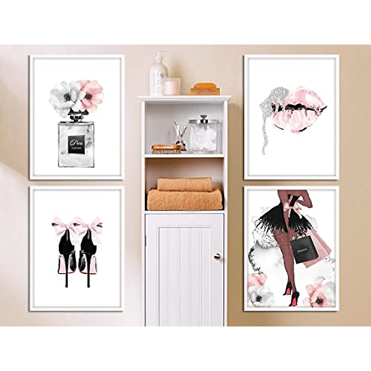 Watercolor Fashion Women Wall Art Glam Poster Modern Artwork for Girls Bedroom Pink Flowers Perfume Handbag High Heel Lips Paintings for Women Room Bathroom Gift (8x10 inch，Set of 4，Unframed)