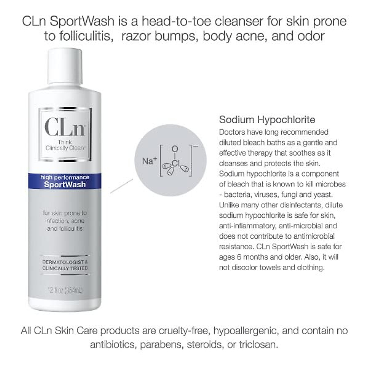 CLn® SportWash – High-Performance Sport Body Wash, For Men & Women Prone to Body Odor, Foot Odor, Ringworm, Folliculitis, & Back Acne, Fragrance-Free & Paraben-Free, 12 fl. oz.