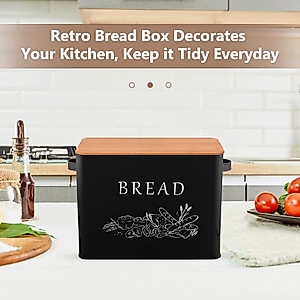 P&P CHEF Black Bread Box for Kitchen Counter, Metal Bread Storage Bin with Bamboo Cutting Lid, Large Capacity for Holding 2+ Loaves, Retro Modern Style, Size 13” x 7.2” x 9.7”