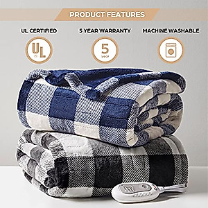 Soft Plush Electric Heated Blanket Throw, White Black Plaid Microlight Therapedic Throws | 3 Heat Setting with Auto Shut Off, 6ft Power Cord, | Washable