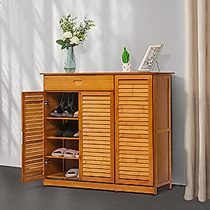 MoNiBloom 4 Tier Shoe Storage Cabinet with 1 Drawer & Shutter Door, Bamboo Shoes Organizer Rack for 16-20 Pairs Living Room Entryway Hallway, Brown