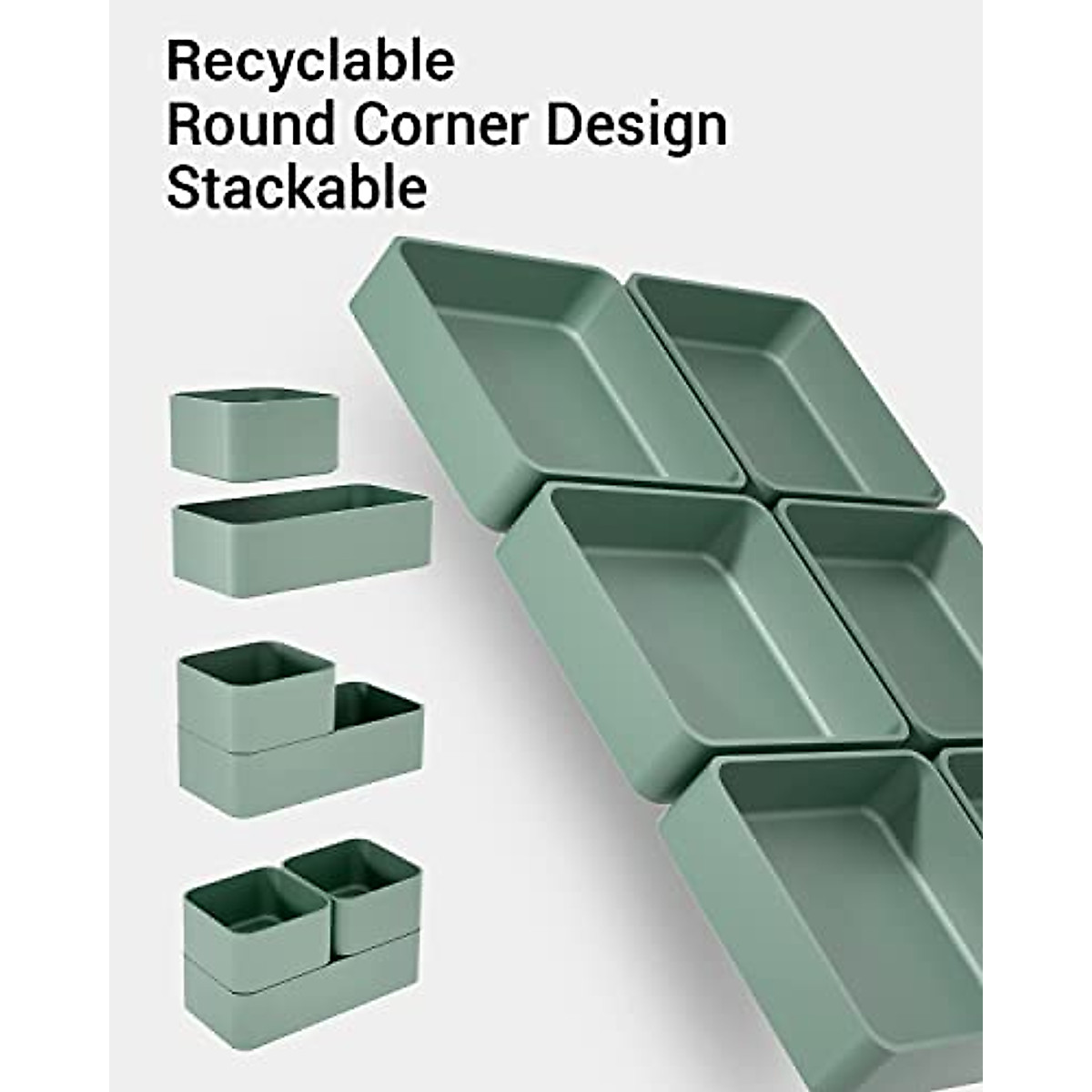 6 Pcs Stackable Drawer Organizer Set, 6.6" X 6.6" Square Plastic Vanity Drawer Organizers and Storage Bins,Desk Drawer Organizer Trays for Makeup,Bathroom Countertop,Office Drawer Divider,Forest Green