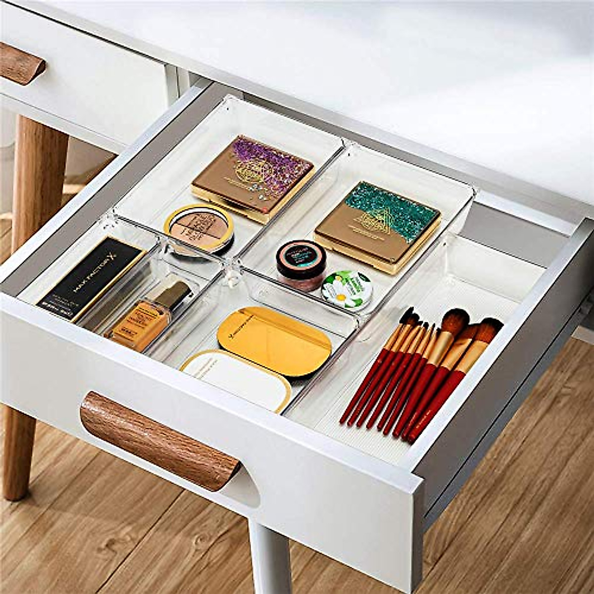 Slideep Clear Desk Drawer Organizer Trays, Dresser Desk Drawer Dividers Large Capacity Plastic Storage Bins for Cosmetic, Makeup Trays, Kitchen Gadgets, Office Accessories, 4 Different Sizes, 6 Pcs