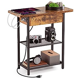 TILLMAO End Table with Charging Station,Narrow Side Table with Storage&2 USB Ports&2 Power Outlets,Flip Top Bedside Table/Night Stand/Sofa Side Table for Small Spaces,Living Room,Bedroom