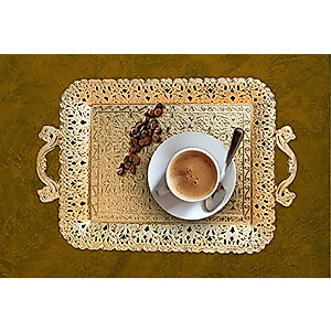 chancegift Turkish Tea Coffee Beverage Dinning Serving Tray with Handled Ottoman Motif Decorative Middle Table Drink Bathroom Rectangular Suitable for Gift (16.5x10.7x1 INC) 42x28x2cm Gold, (A2022)