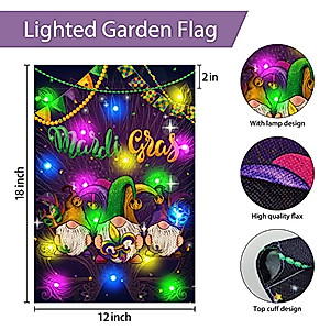 Mardi Gras Lighted Garden Flag Double Sided Masquerade Beads Yard Flag Fleur De Lis Carnival House Flag Vertical Holiday Decorative Yard Flag for Mardi Gras Yard Outdoor Decoration, 12 X 18 Inch