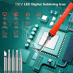 Soldering Iron Kit, 120W LED Digital Soldering Kit, 110V Welding Tools, Smart Temperature Control [356℉-932℉] - Extra 5pcs Tips - Auto Sleep & Temp Calibration - C/F Func