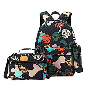 Baolab Girls Teen School Backpack with Lunch Bag Pencil Case Bookbag Set Water Resistant Daypacks Lightweight (Black)