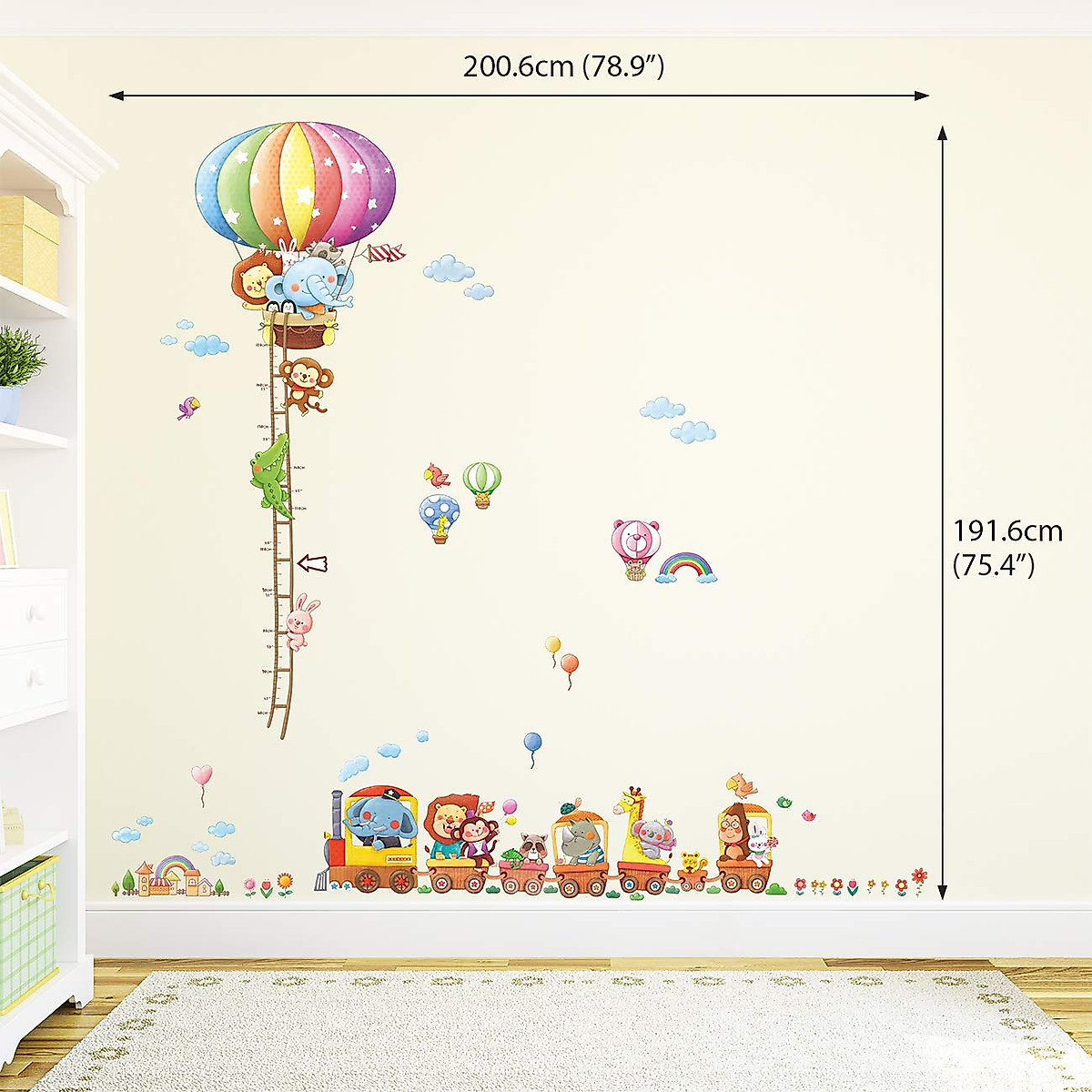 DECOWALL DA-1606N1406A Animal Hot Air Balloon Height Growth Chart and Train Kids Wall Stickers Wall Decals Peel and Stick Removable Wall Stickers for Kids Nursery Bedroom Living Room d?cor