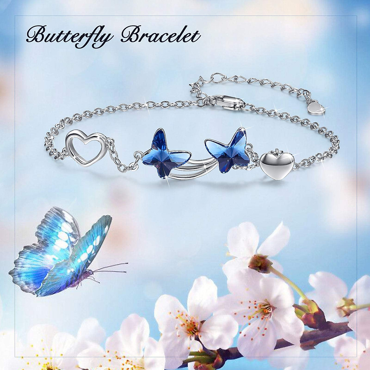 MEDWISE Butterfly Bracelets for Women Sterling Silver Butterfly Bracelets with Blue Crystal Animal Adjustable Bracelets Butterfly Wrist Bracelets Jewelry Christmas Gifts for Women