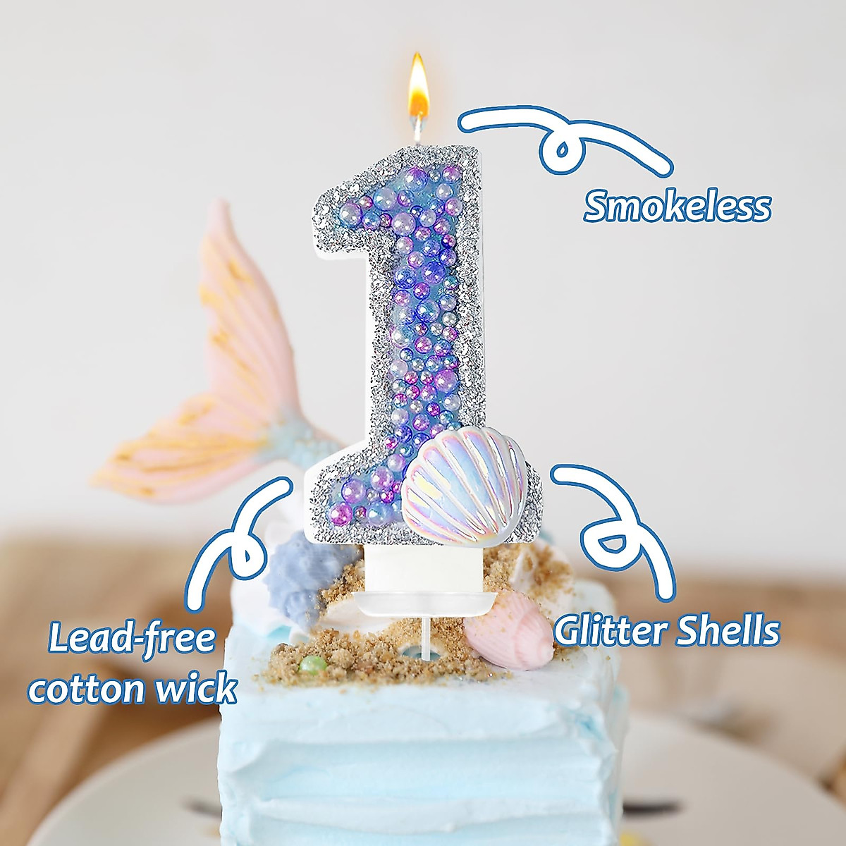 laackys Birthday Candles, Pink Shell Sequins Blue Purple Pearl Boy Girl Birthday Cake for Mermaid Birthday Theme Birthday Decorations Candle Party Supplies Number 4 Candle (1)