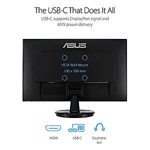 ASUS 27” 1080P Monitor (VA27DCP) - Full HD, IPS, 75Hz, USB-C 65W Power Delivery, Speakers, Adaptive-Sync/FreeSync, Eye Care, Low Blue Light, Flicker Free, VESA Mountable, Frameless, HDMI,Black