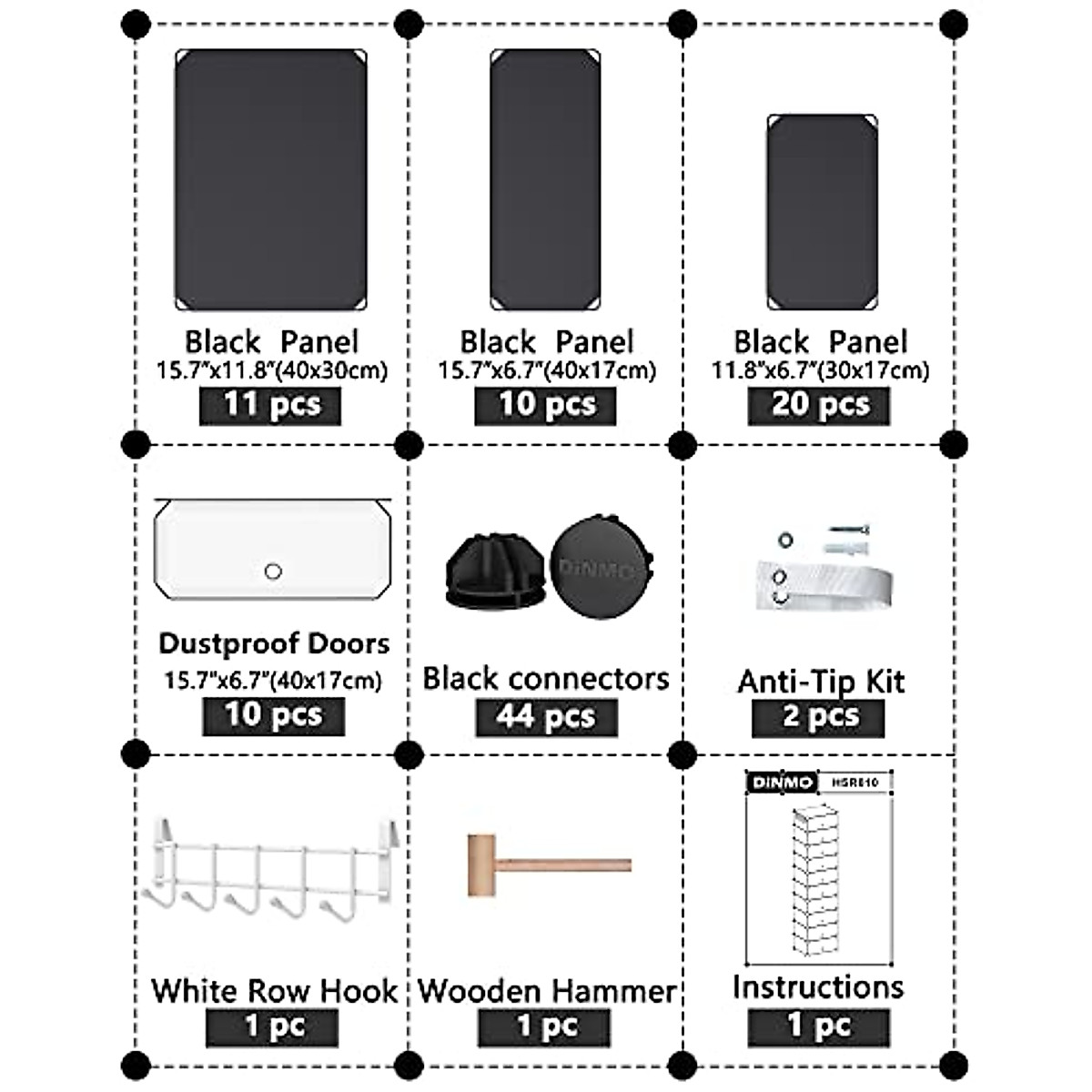 DINMO 10-Tier Shoe Rack with Doors for Entryway, 20 Pairs, Portable Plastic Cubby Shoe Shelves Organizer Unit, DIY Shoe Cabinet, Black