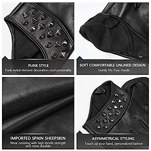FIORETTO Womens Fingerless Leather Gloves for Driving Unlined Half Finger Punk Gloves for Motorcycle, Goth Cosplay Costume Black Large
