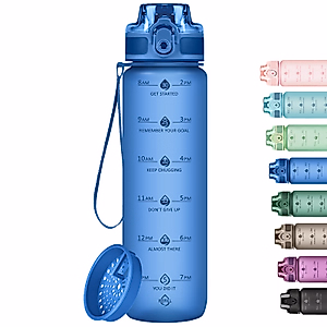 Alwager 32oz Motivational Water Bottles with Time Marker & Fruit Strainer, Single Color Water Bottle with Times to Drink, Leakproof & BPA Free, Reusable Plastic Bottle with Strap (No Straw)